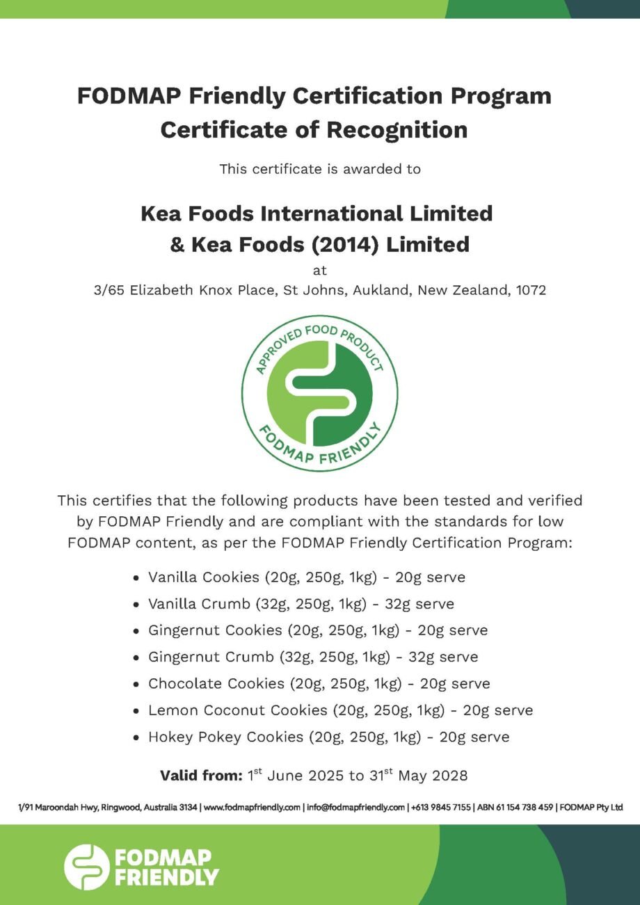 FODMAP Friendly Certificate_Kea Foods_2025-2028 Feb 2026 - Kea Cookies